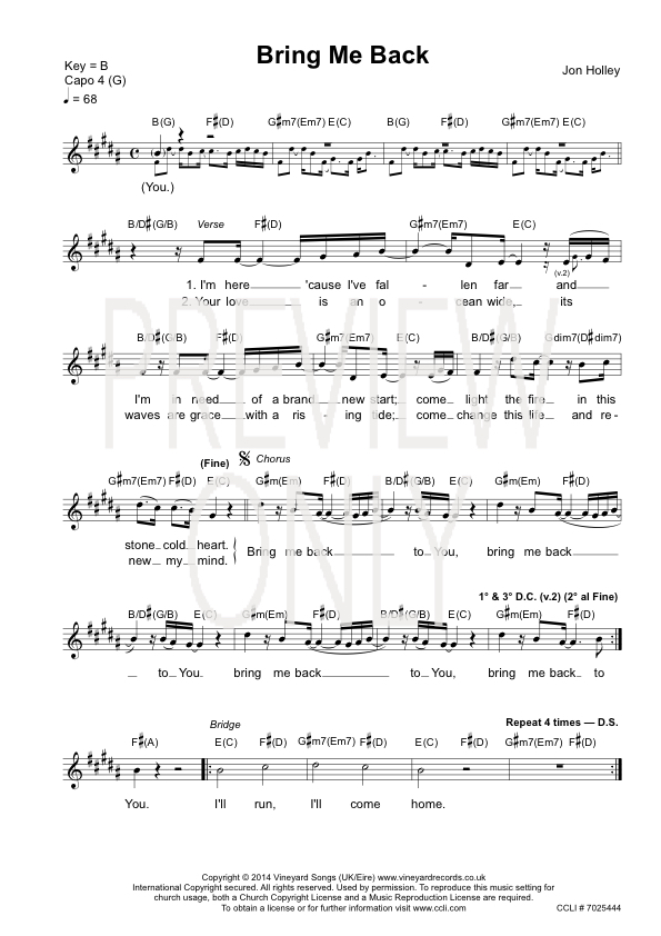 Bring Me Back Lead Sheet, Lyrics, & Chords | Vineyard | WorshipHouse Media